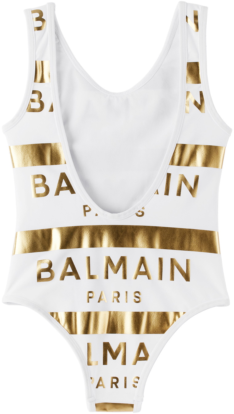 Balmain Kids White Striped One-Piece Swimsuit Balmain