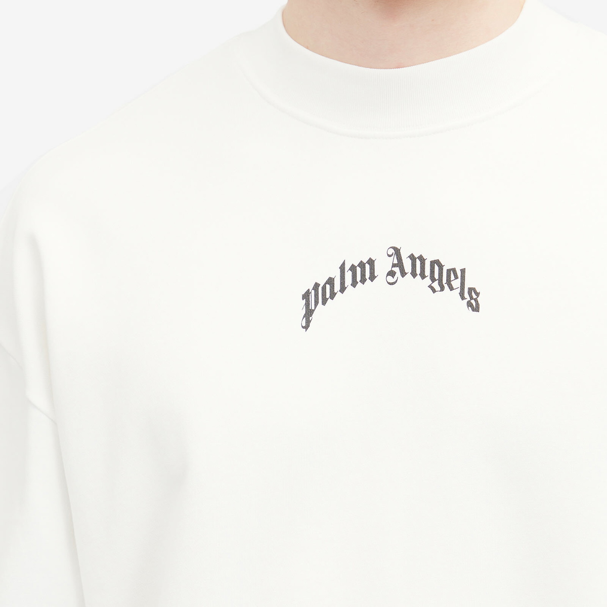 Palm Angels Men's Curved Logo Crew Sweat in Off White/Black Palm Angels