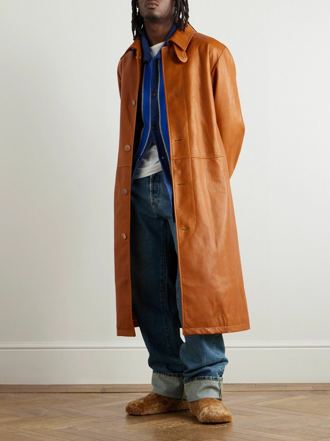 BODE - Panelled Glossed Textured-Leather Coat - Brown Bode