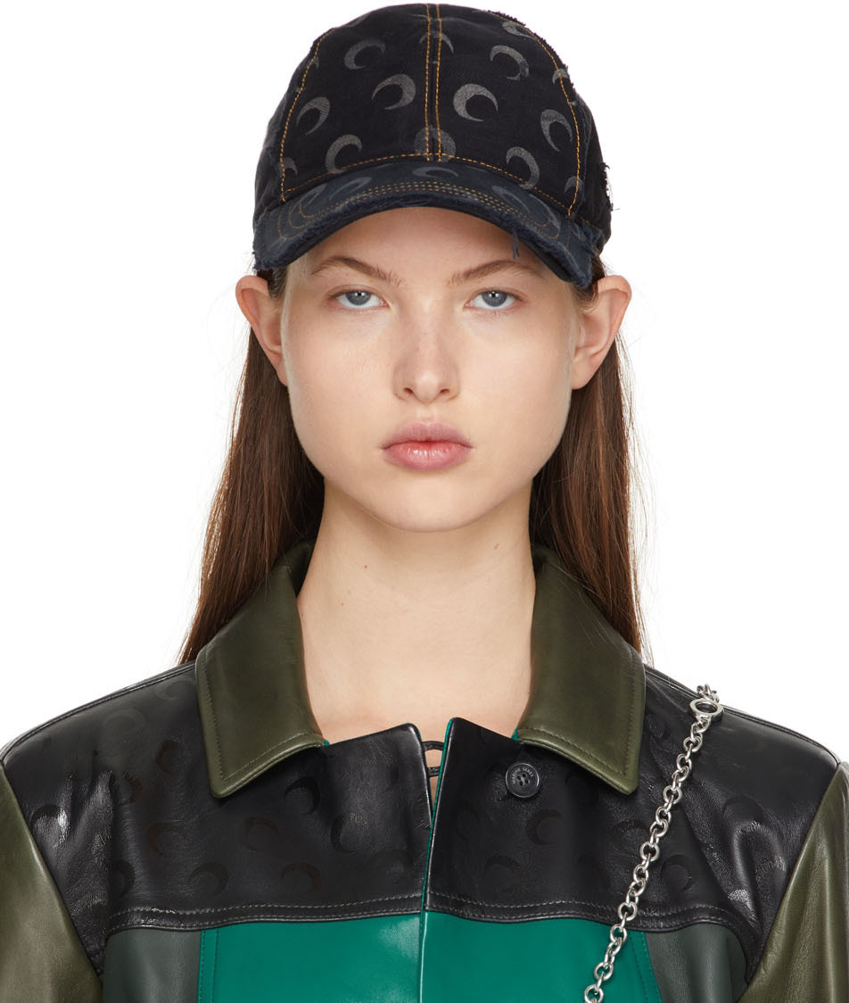 Marine Serre Black Denim Paneled Cap Marine Serre