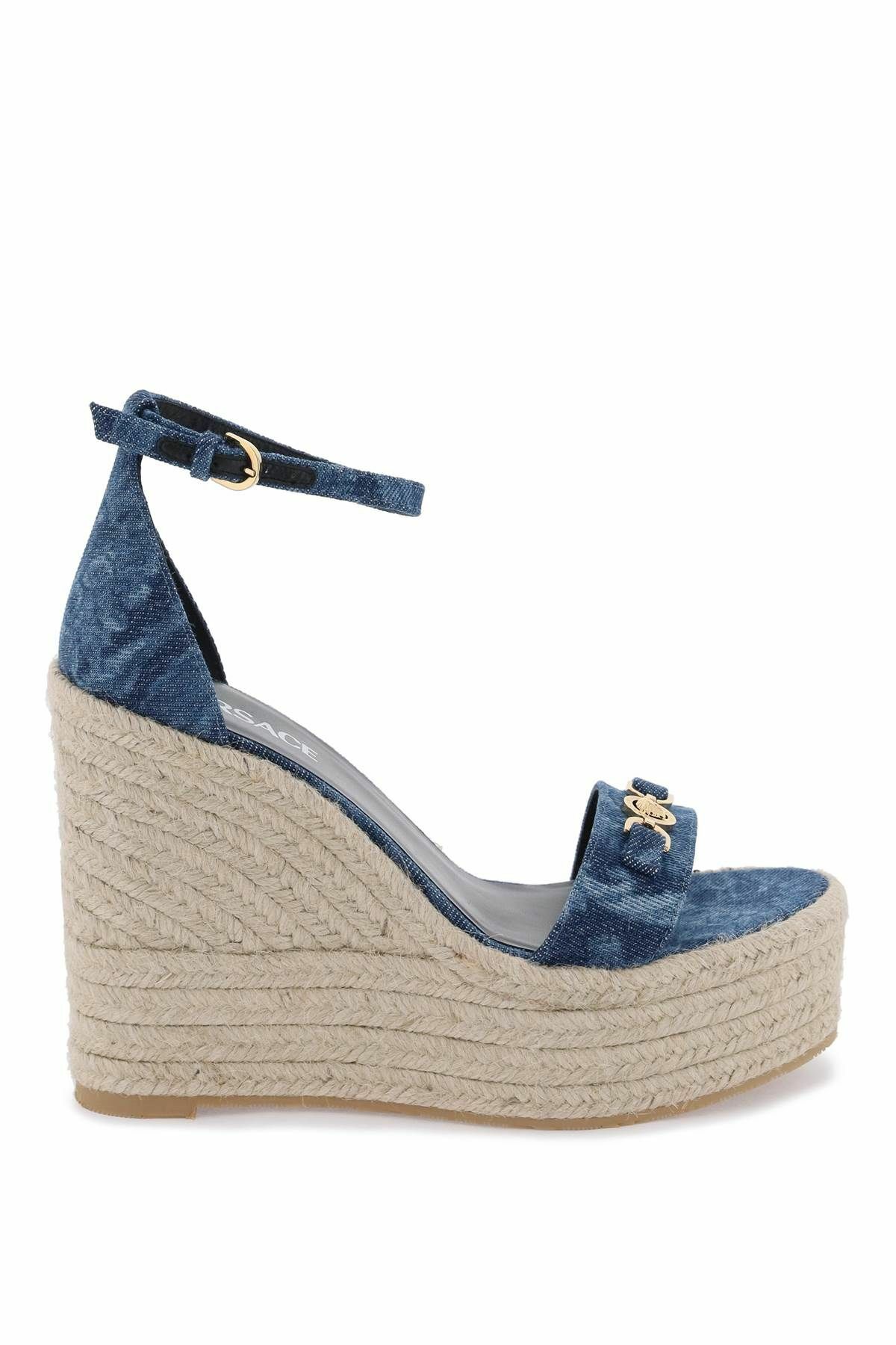 VERSACE denim barocco wedge sandals Blue Versace