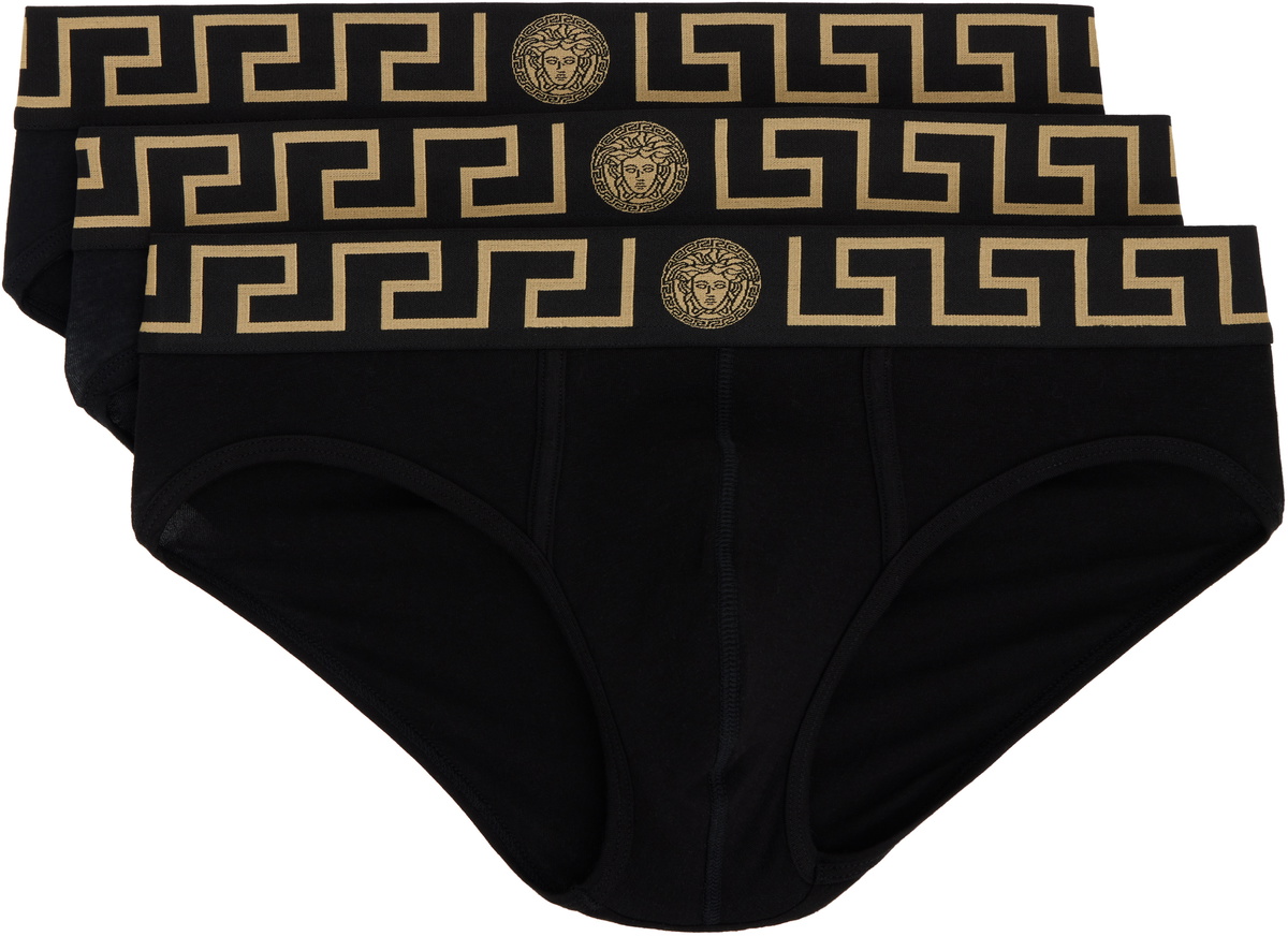 Versace Underwear Three-Pack Black Greca Border Briefs Versace Underwear