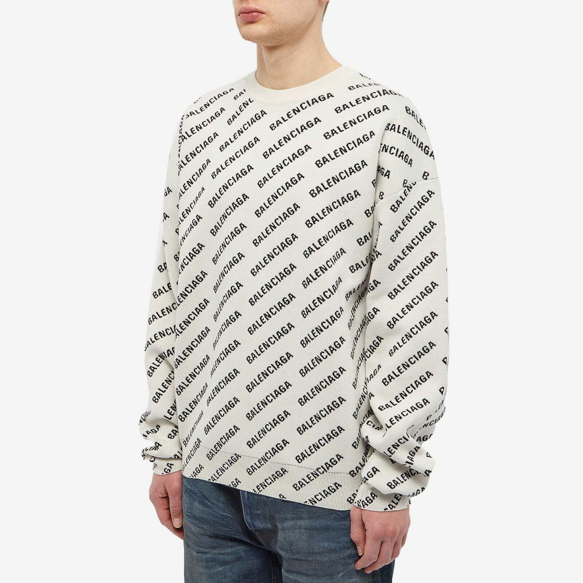 Balenciaga Men's All Over Logo Crew Sweat in Chalky White/Black Balenciaga