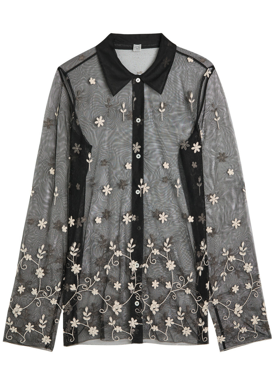 Toteme Floral-embroidered Sheer Tulle Shirt Black And White Toteme