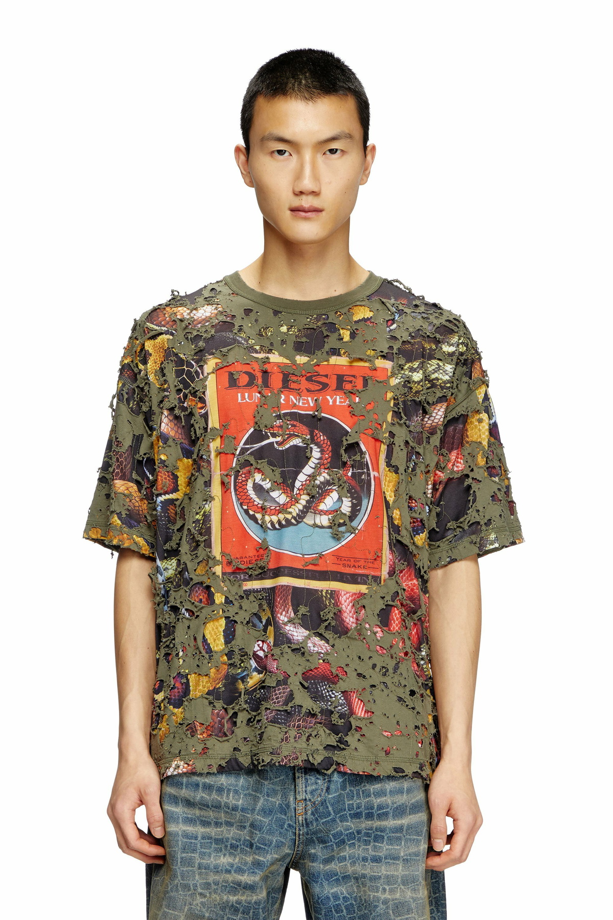 Diesel Snake-print T-shirt with destroyed overlay - T-Shirts - Unisex ...