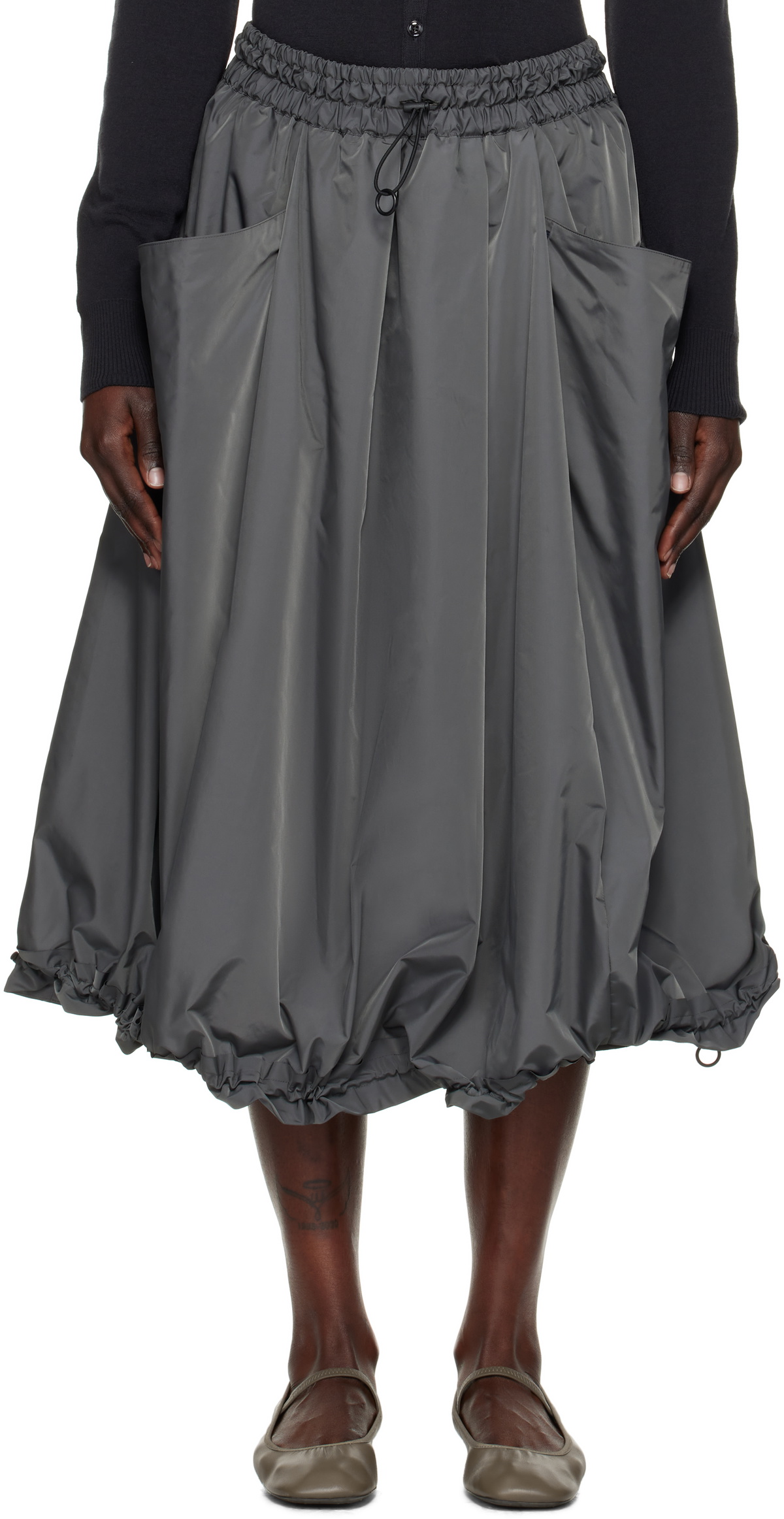 YOHJI YAMAMOTO Gray PE Twill R-Volume Midi Skirt Yohji Yamamoto