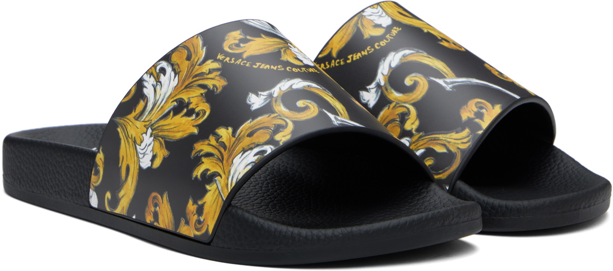 Versace Jeans Couture Black & Gold Outline Barocco Pool Slides Versace