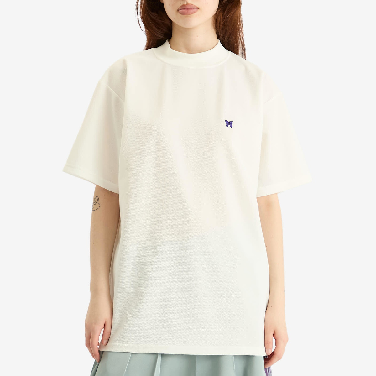 Needles Women's Mock Neck T-Shirt in White Needles