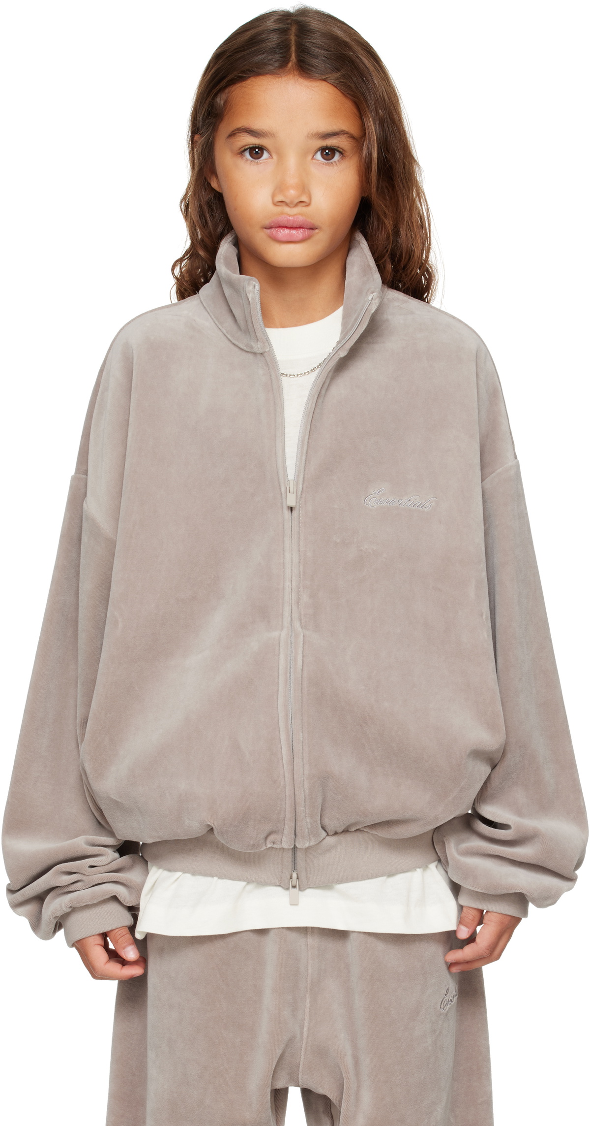 Fear of God ESSENTIALS Kids Gray Holiday Velour Classic Track Jacket ...