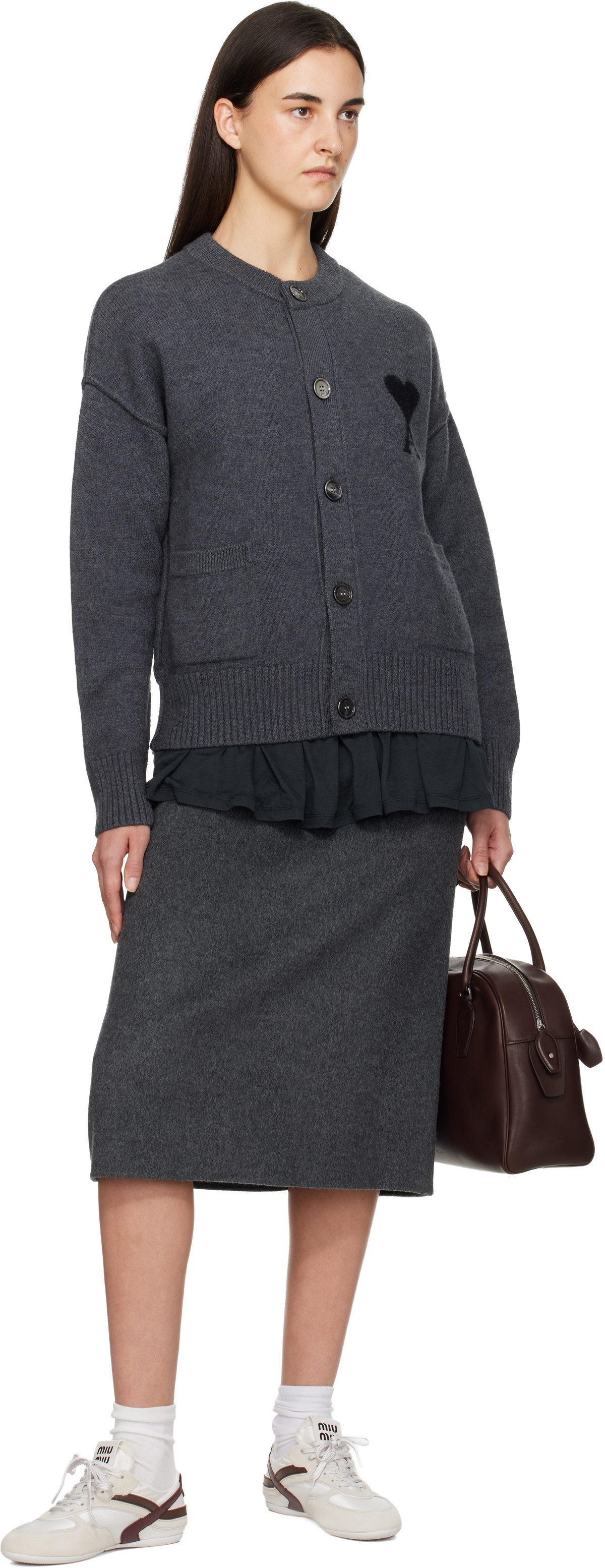 AMI Paris Gray Felted Merino Wool Knit Ami de Coeur Cardigan AMI