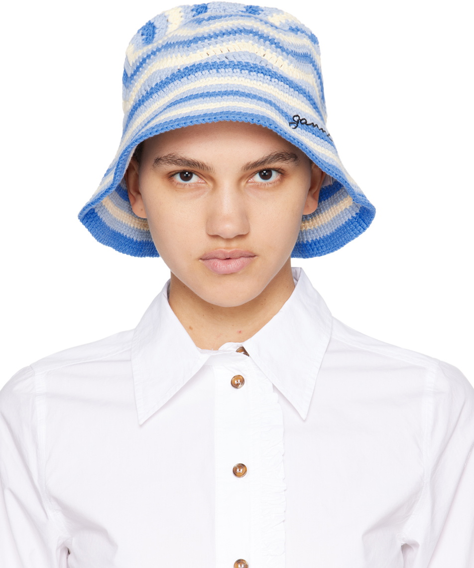 GANNI Blue & Off-White Embroidered Bucket Hat GANNI