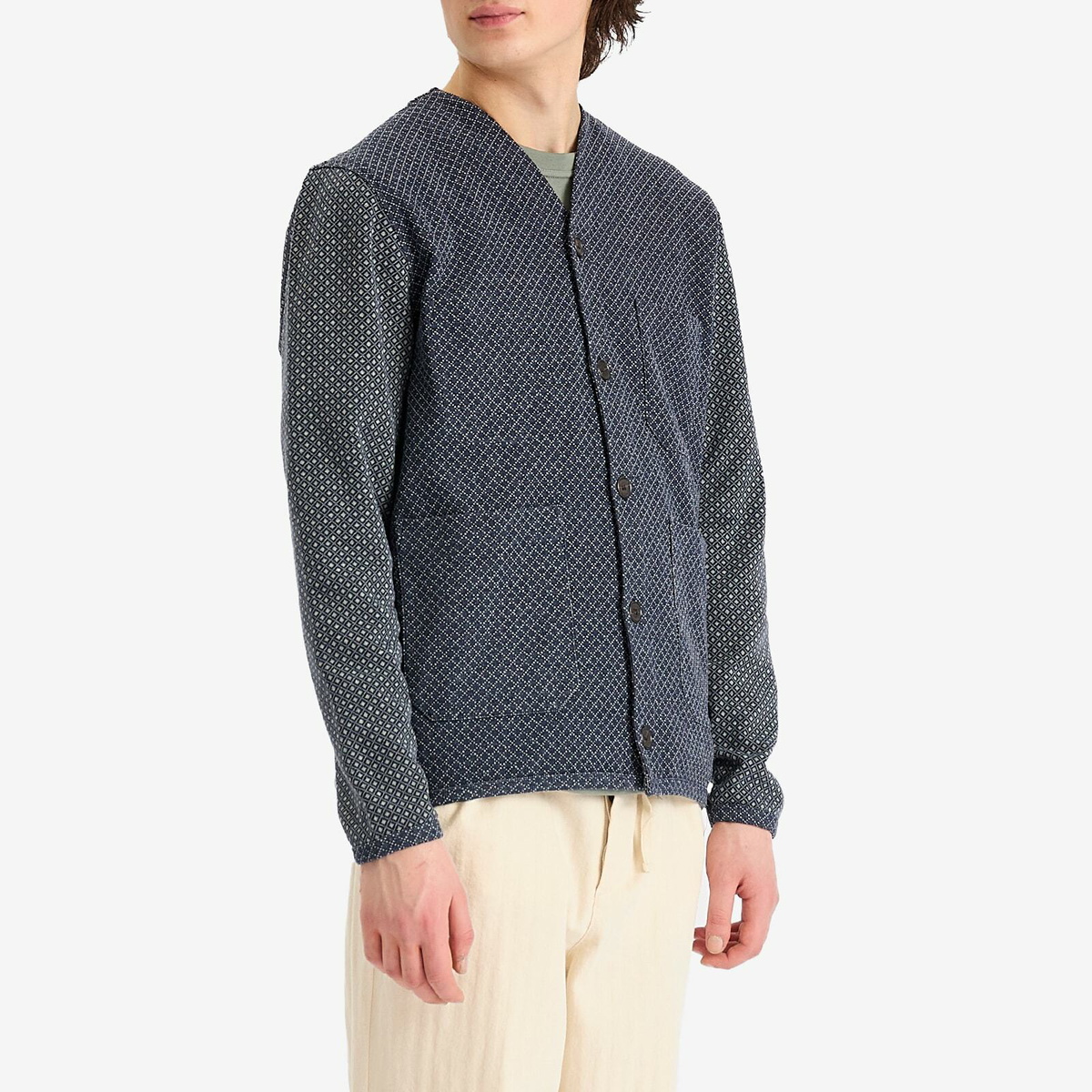 Universal Works Men's Jacquard Cardigan in Navy Universal Works
