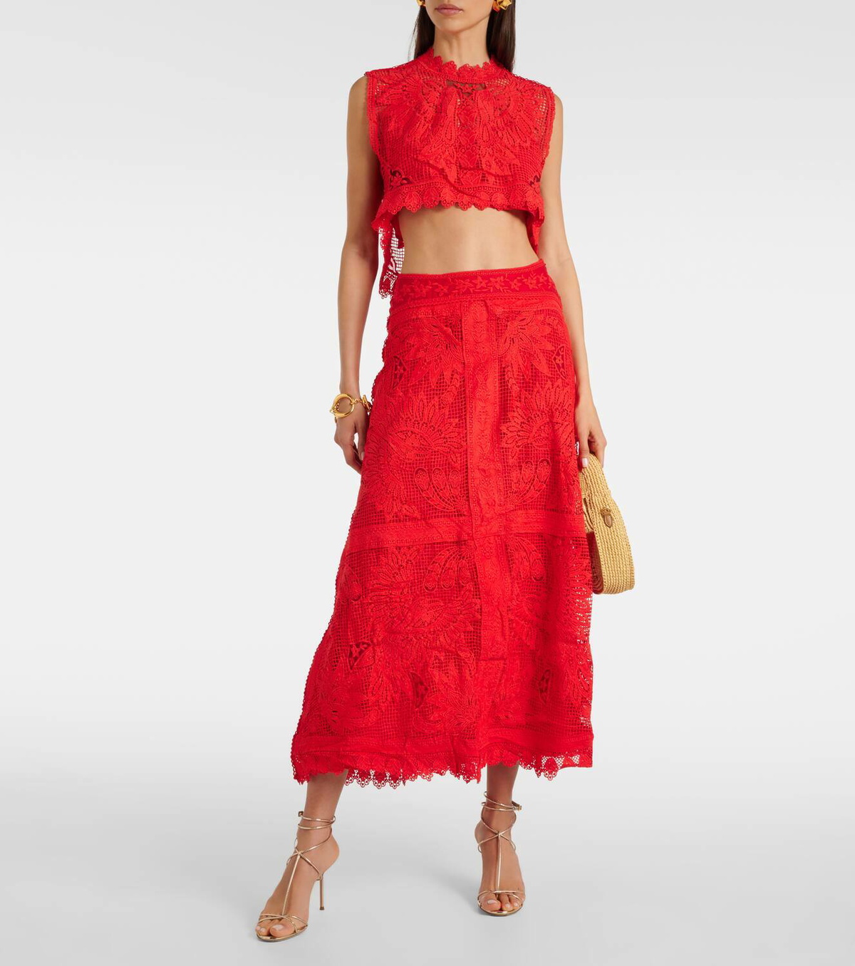 Farm Rio Red Toucan guipure lace midi skirt Farm Rio