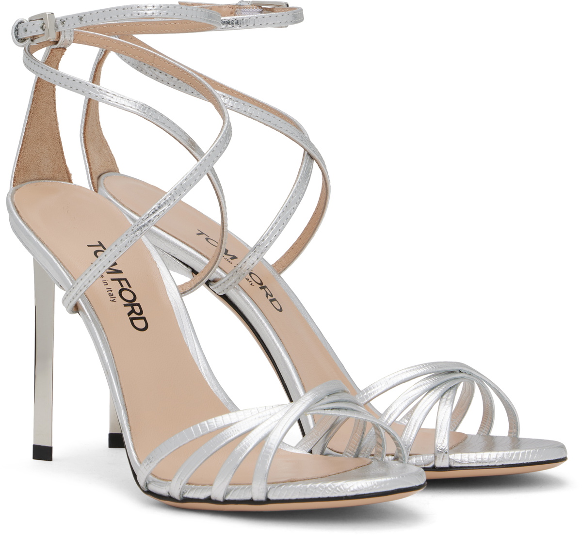 TOM FORD Silver Laminated Printed Lizard Ida Heeled Sandals TOM FORD