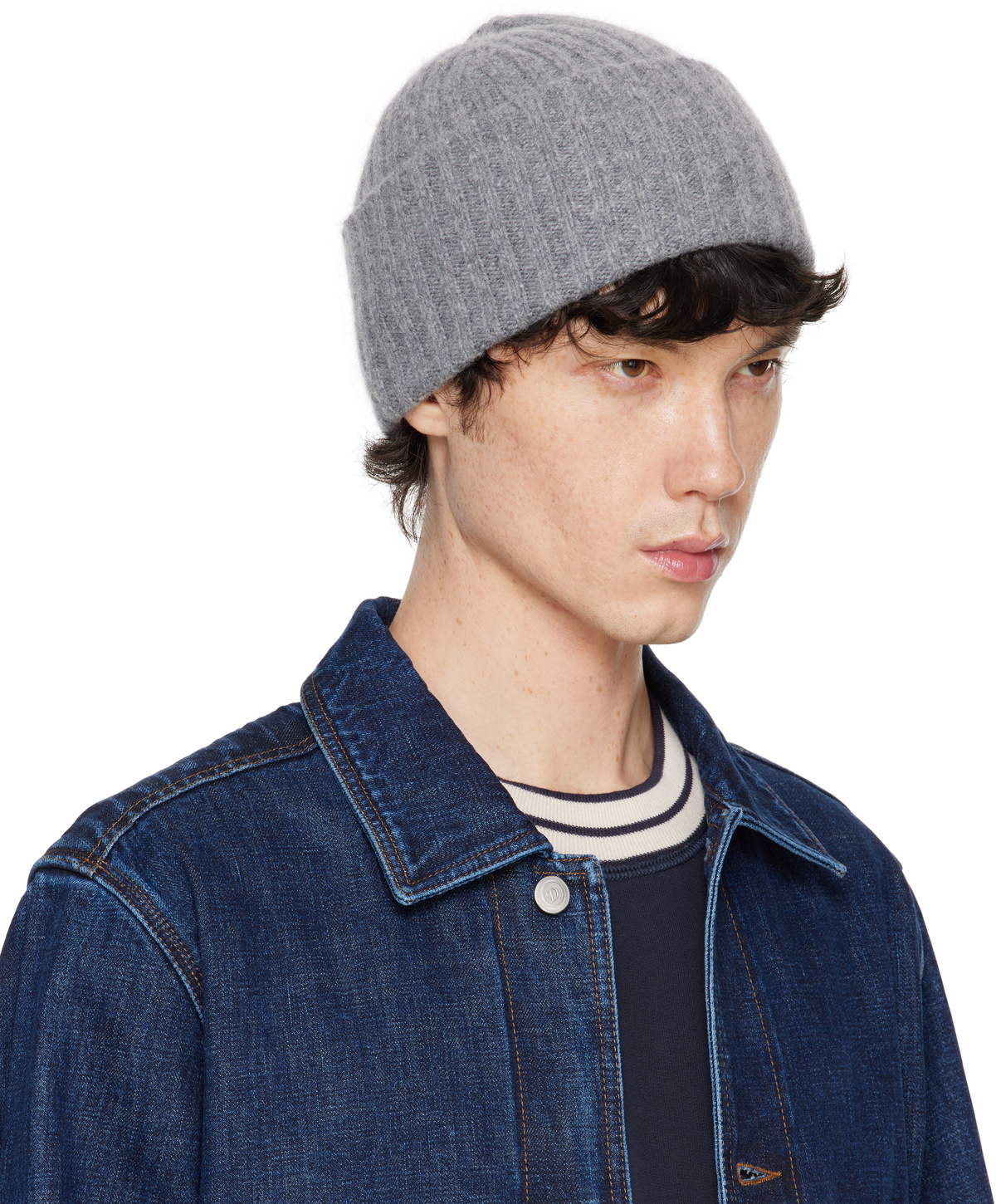 Drake's Gray Lambswool Ribbed Knit Beanie Drake's