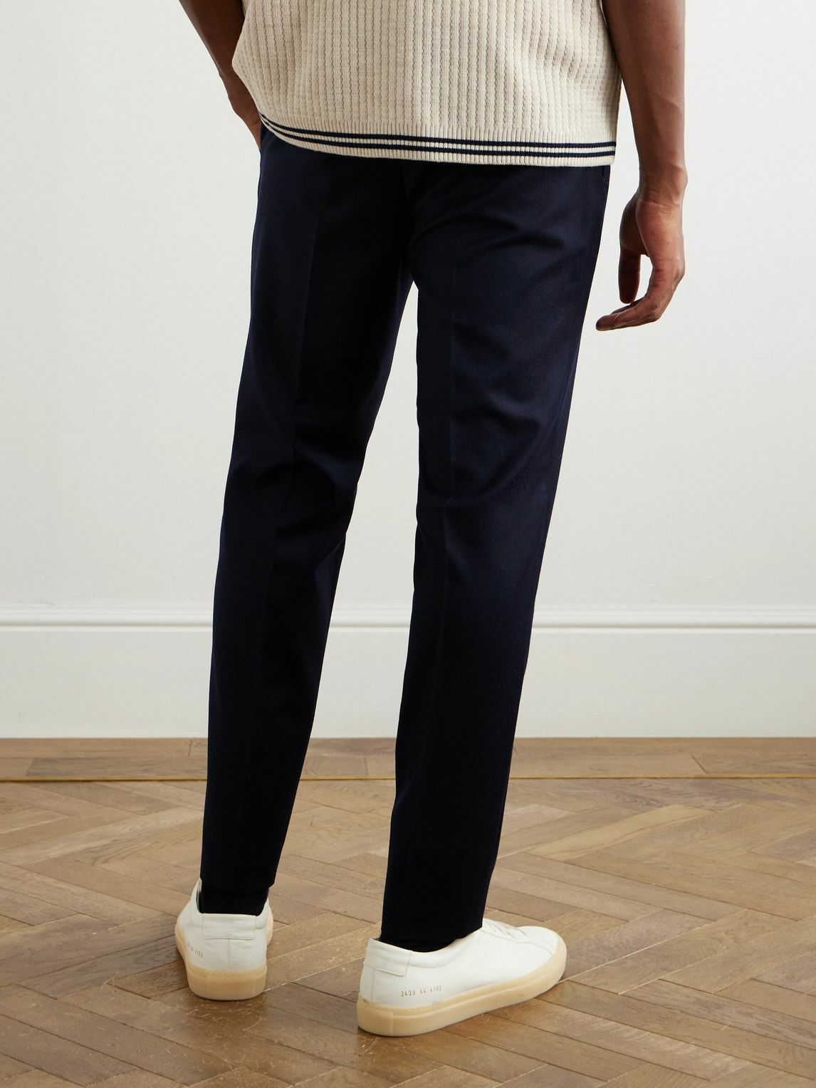 Incotex - Venezia 1951 Tapered Pleated Brushed Virgin Wool-Twill Drawstring Trousers - Blue Incotex