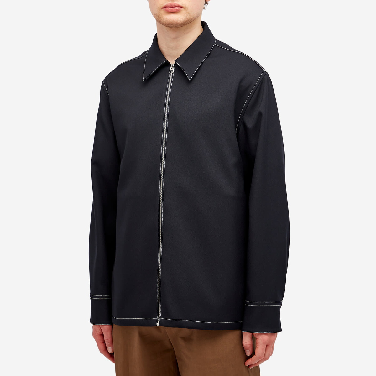 Jil Sander Men's Contrast Stitch Zip Through Shirt in Midnight Jil Sander