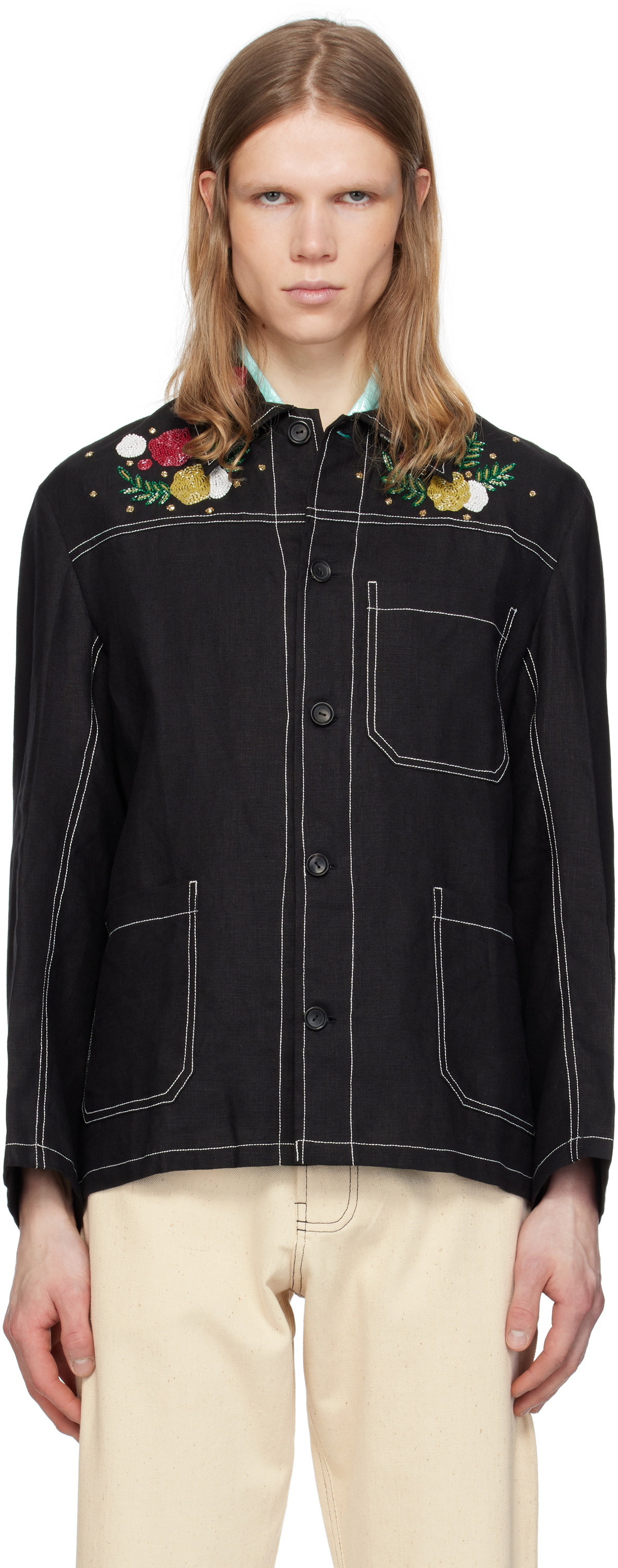HARAGO Black Beadwork Double Stitch Jacket HARAGO