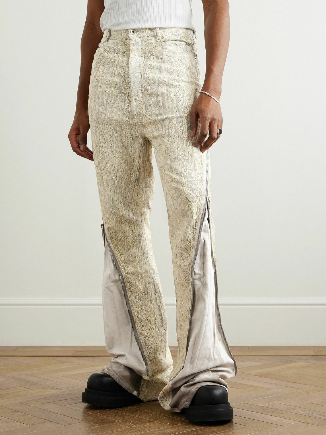 Rick Owens - Bolan Banana Flared Zip-Detailed Metallic Megacrust Jeans ...