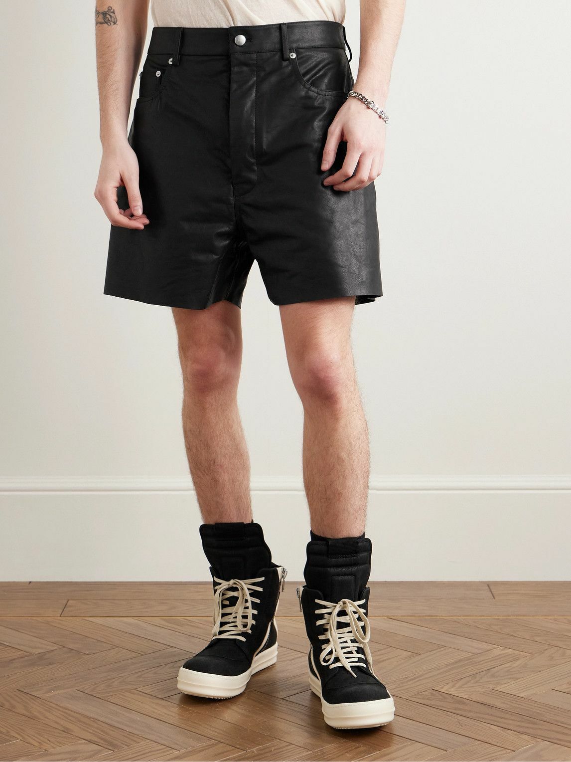 Rick Owens - Geth Wide-Leg Leather Shorts - Black Rick Owens