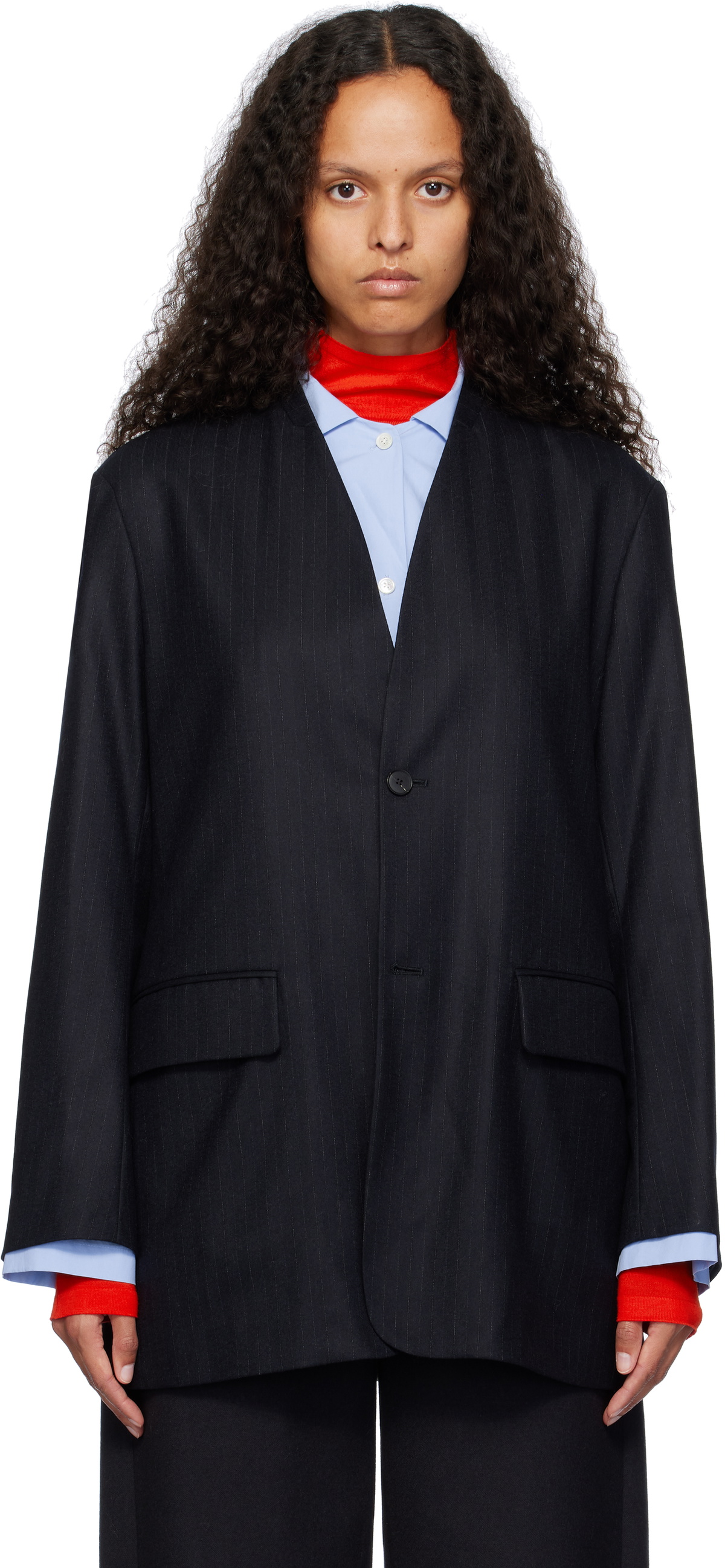 AURALEE Navy Wool Fulling Flannel Stripe Blazer Auralee
