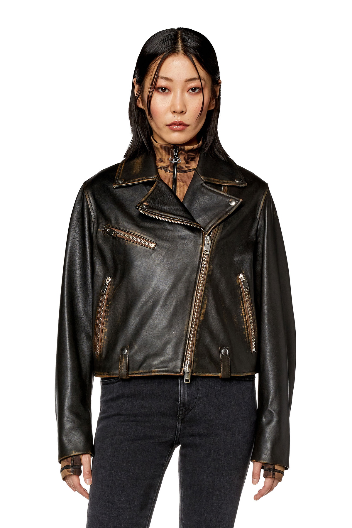 Diesel Biker jacket in tumbled leather - Leather jackets Womens in ...
