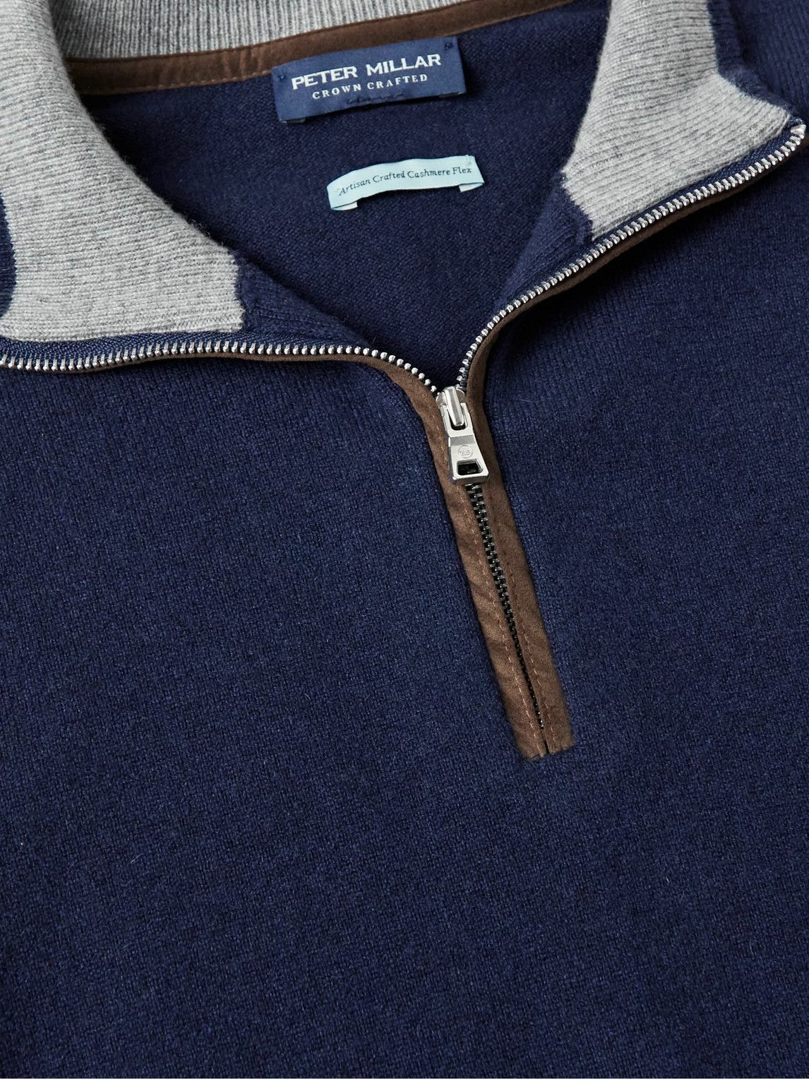 Peter Millar - Suede-Trimmed Cashmere-Blend Half-Zip Sweater - Blue ...