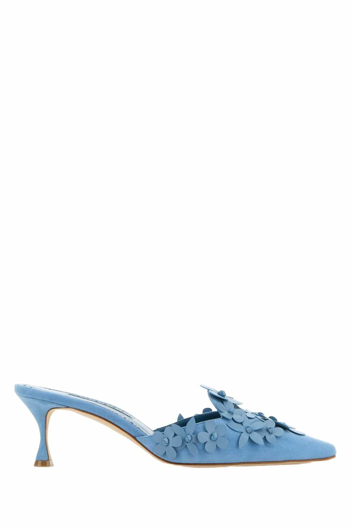 Manolo Blahnik Light Blue Suede Harnes Mules Manolo Blahnik