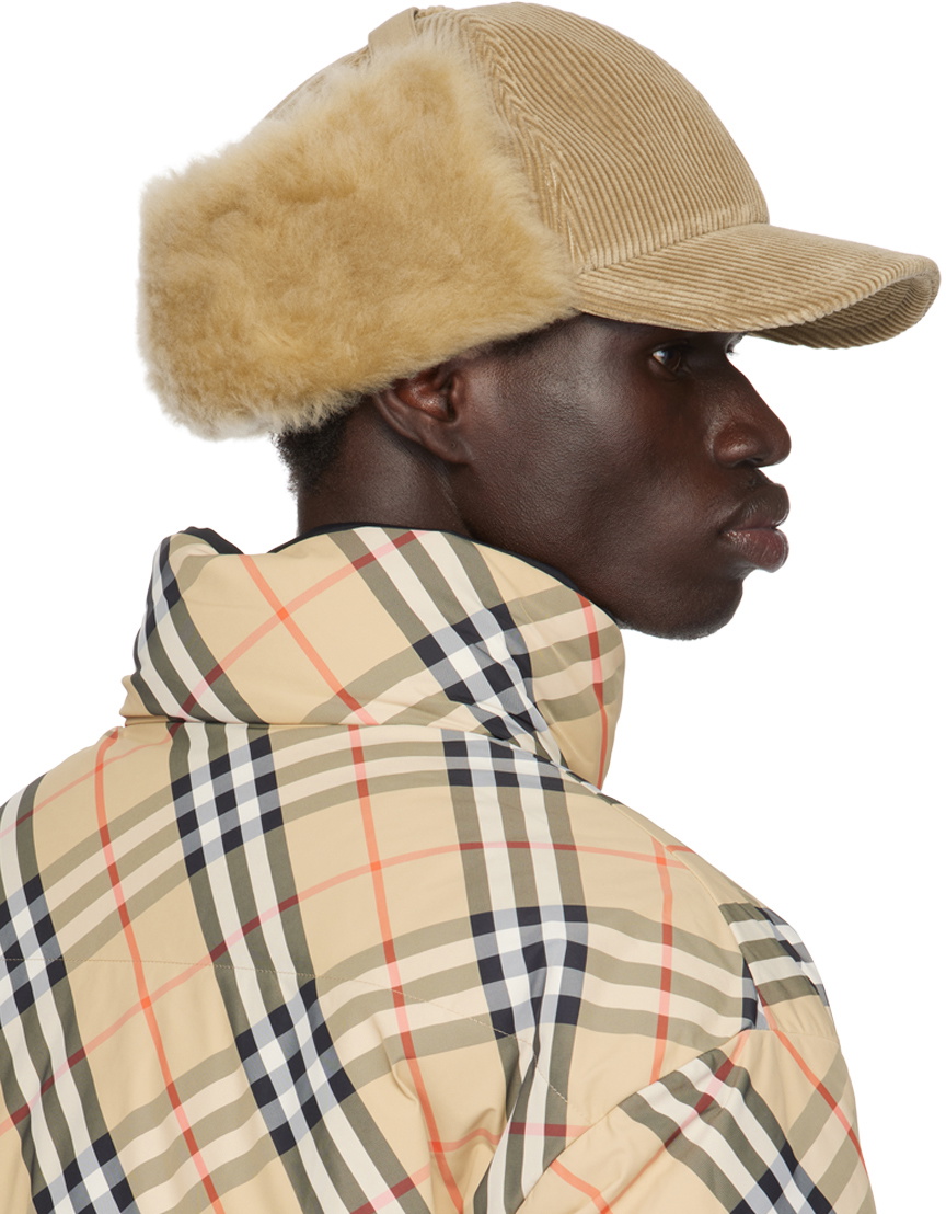 Burberry Beige Shearling Trim Corduroy Trapper Cap Burberry