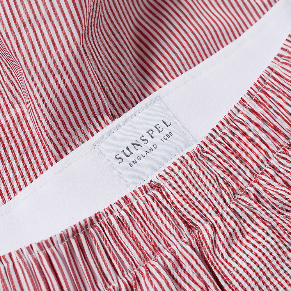 Sunspel Men's Classic Boxer Short in White/Red/Navy Pinstripe Sunspel