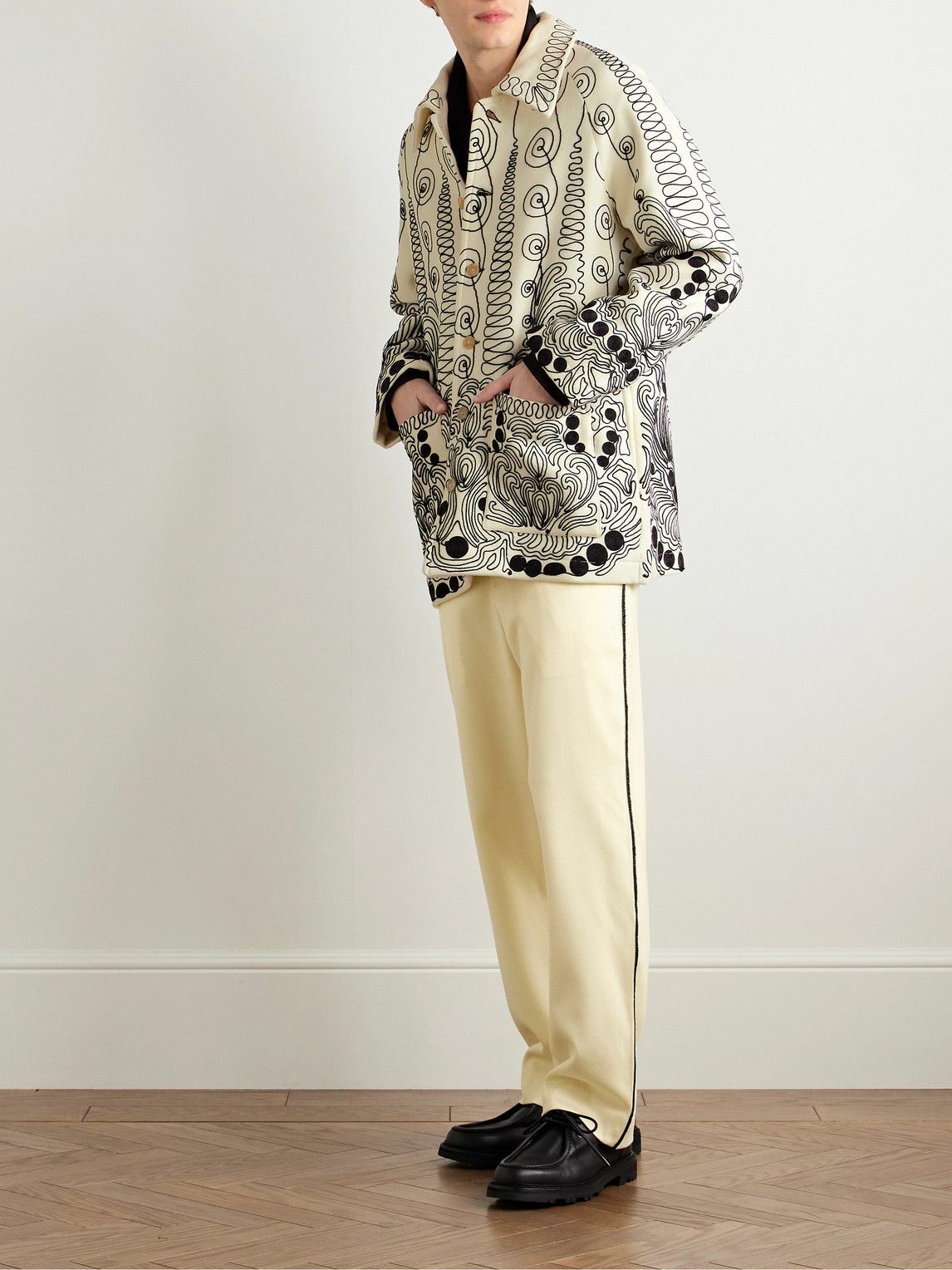 BODE - Player Straight-Leg Bead-Embellished Felted Wool-Blend Twill Trousers - Neutrals Bode