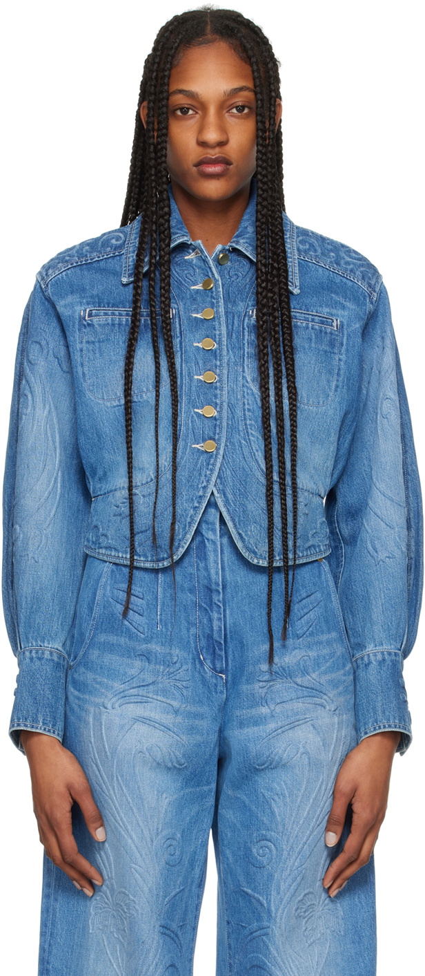 Mame Kurogouchi Blue Floral Embossed Denim Jacket Mame Kurogouchi