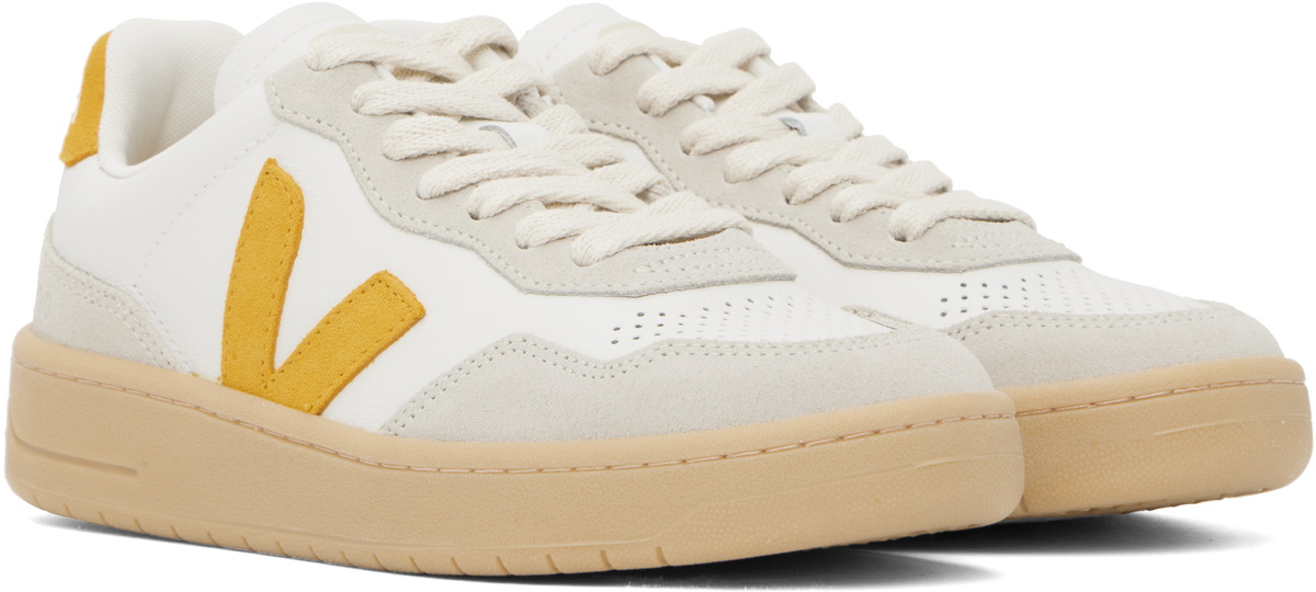 VEJA White & Yellow V-90 Leather Sneakers VEJA