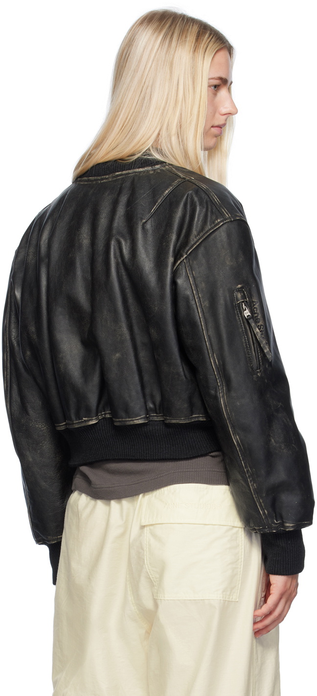 Acne Studios Black Distressed Leather Bomber Jacket Acne Studios