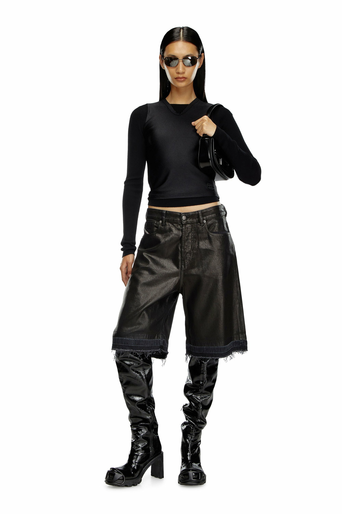 Diesel Shorts in coated tailoring denim - Shorts Womens in Black Diesel