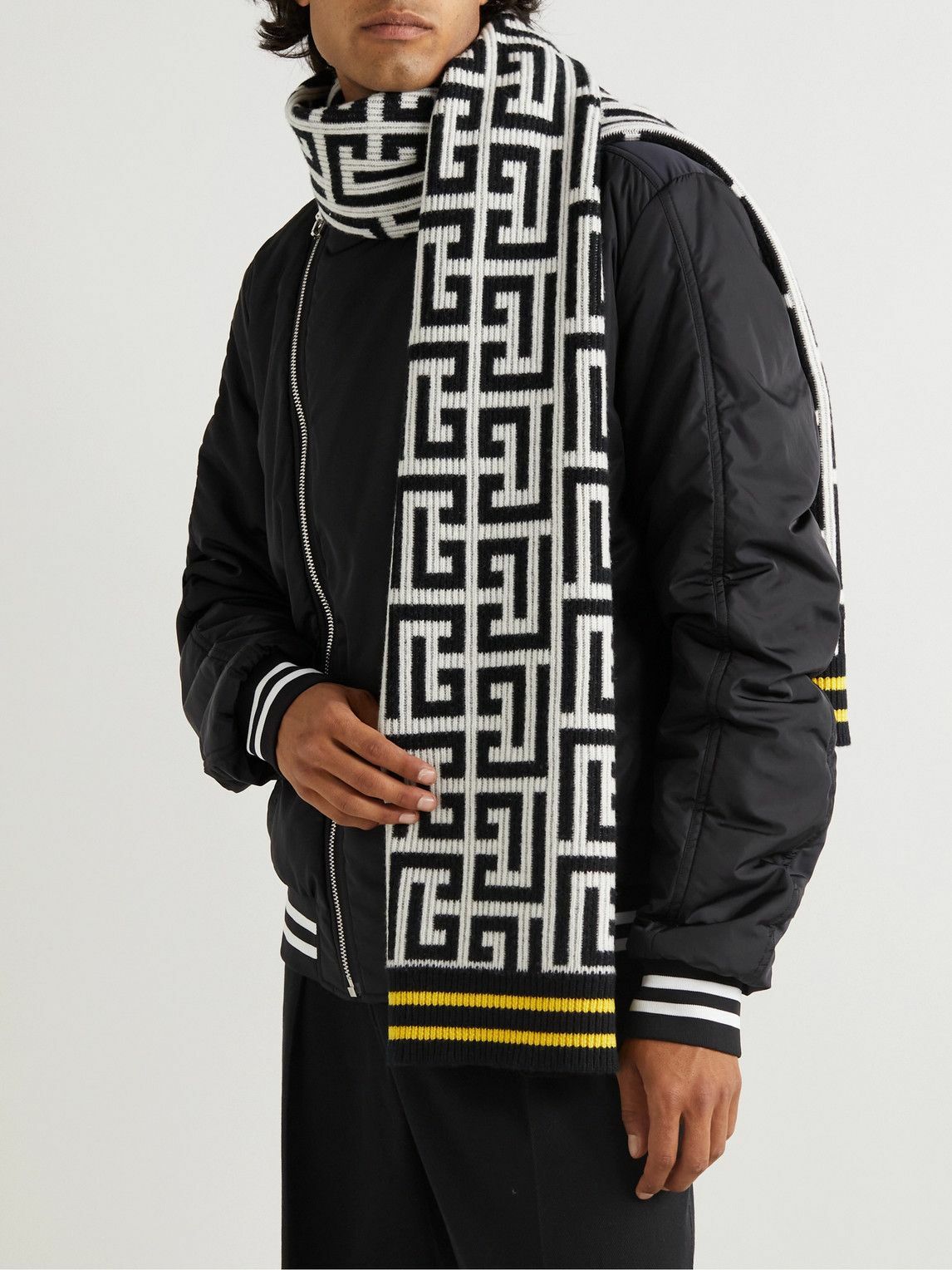 Balmain - Ribbed Monogrammed Merino Wool and Cashmere-Blend Scarf Balmain