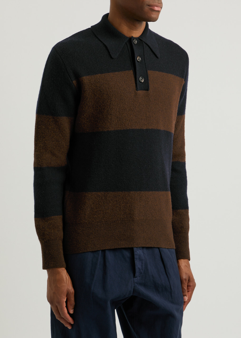 Oliver Spencer Wren Striped-intarsia Wool Polo Shirt Navy Oliver Spencer