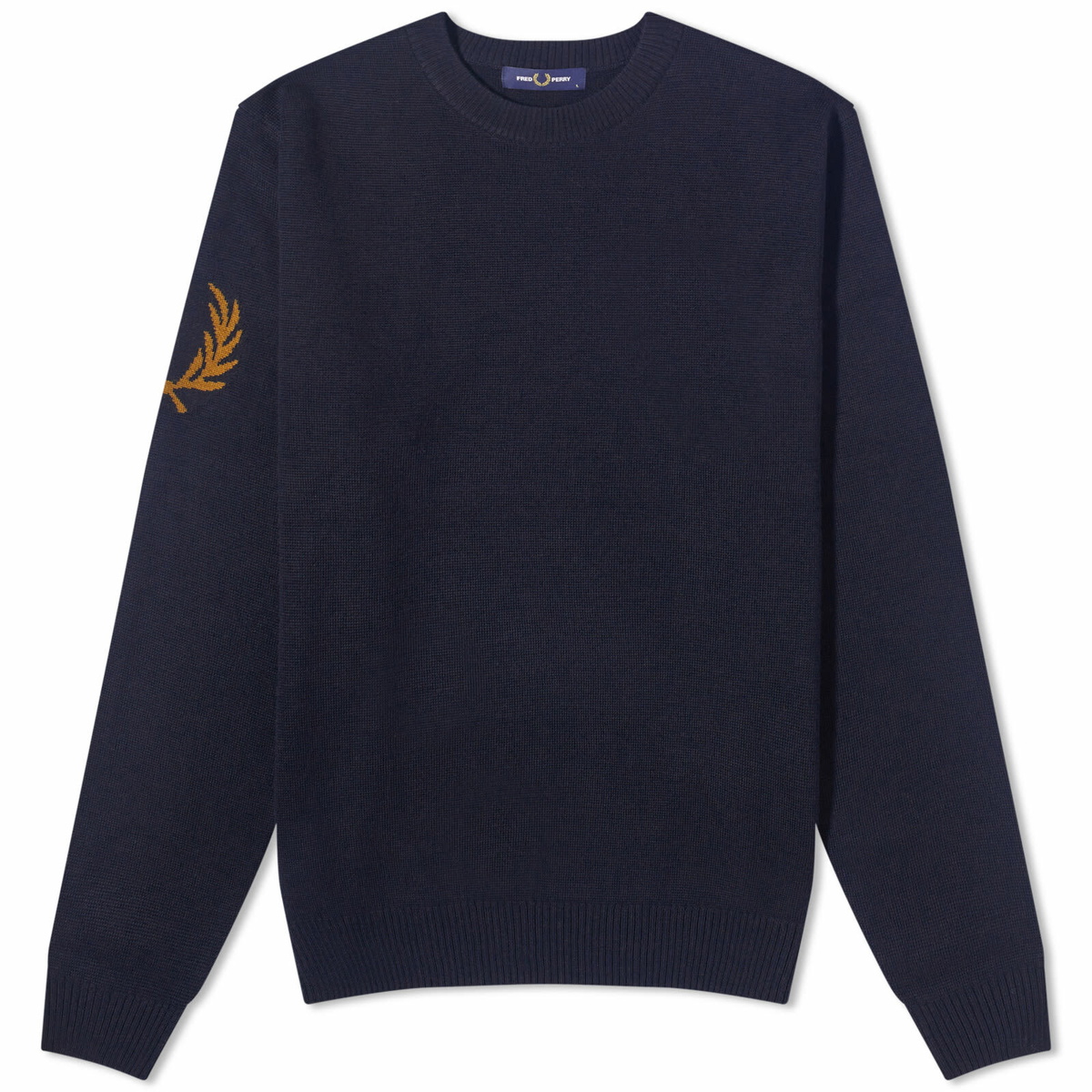 Fred Perry Men's Intarsia Laurel Wreath Crew Neck Knit in Navy Fred Perry