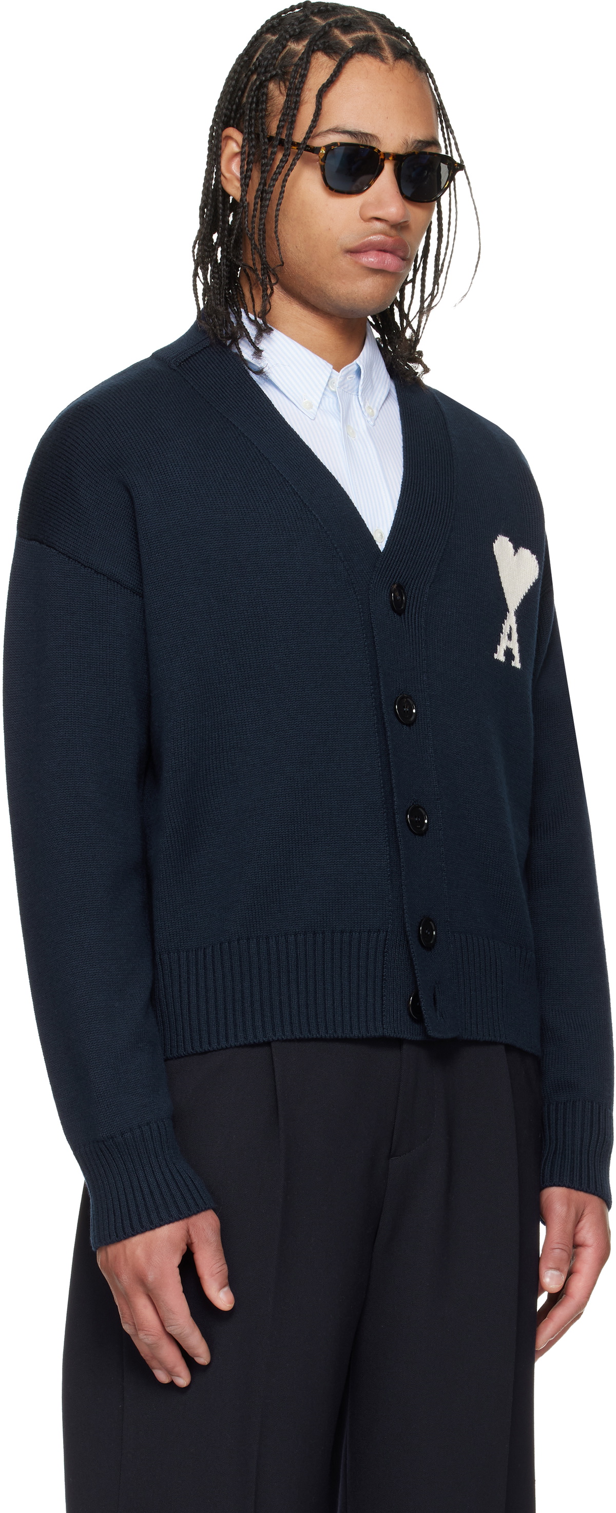 AMI Paris Navy Wool Ami de Coeur Cardigan AMI