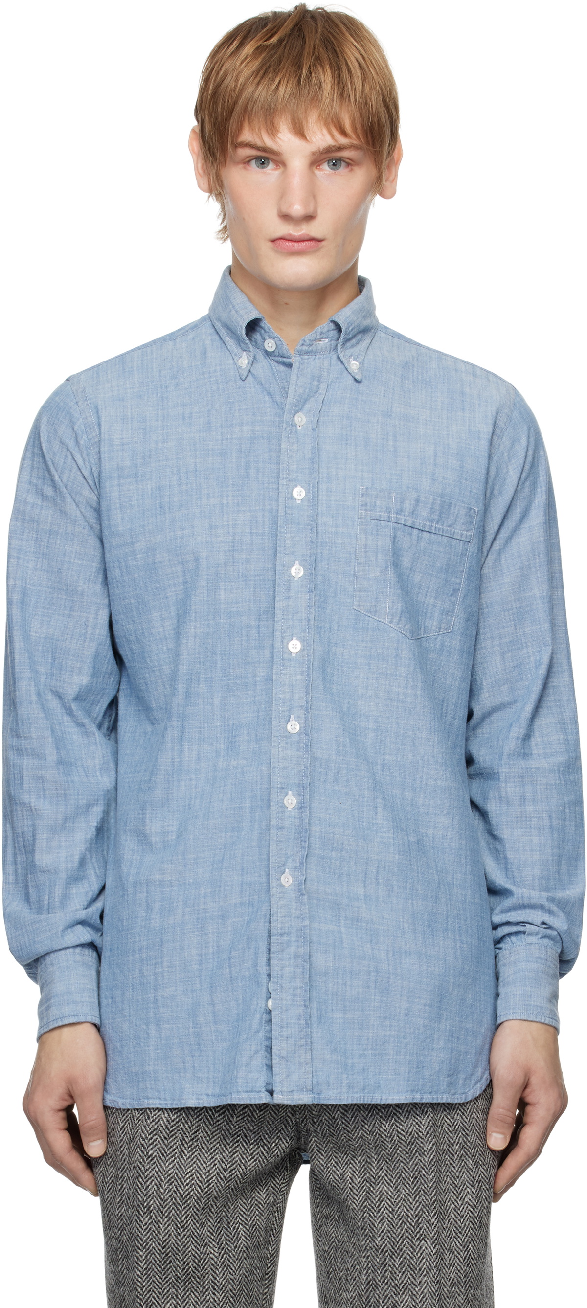 Drake's Blue Cotton Chambray Button-Down Shirt Drake's