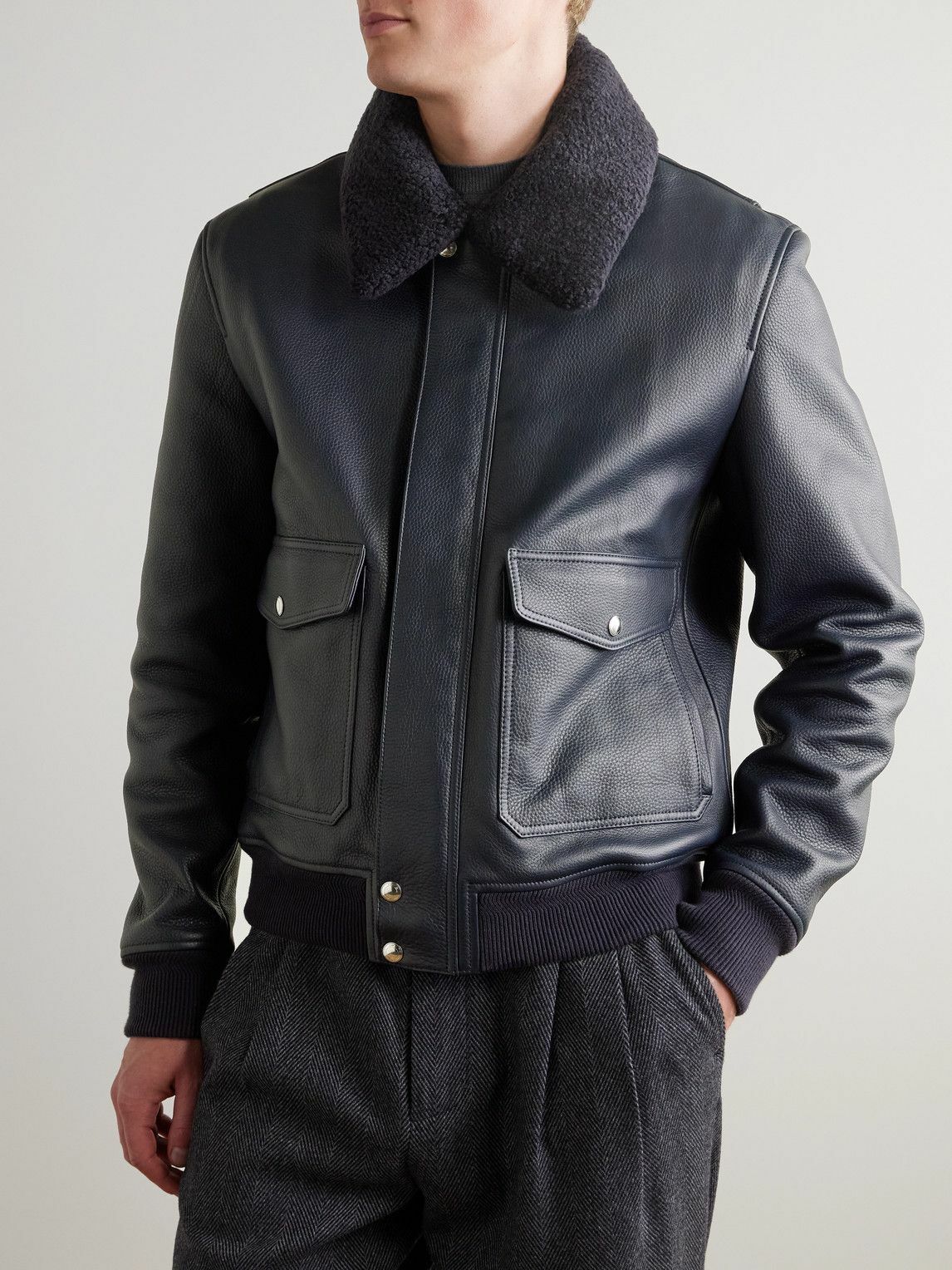 Mr P. - Shearling-Trimmed Full-Grain Leather Blouson Jacket - Blue Mr P.