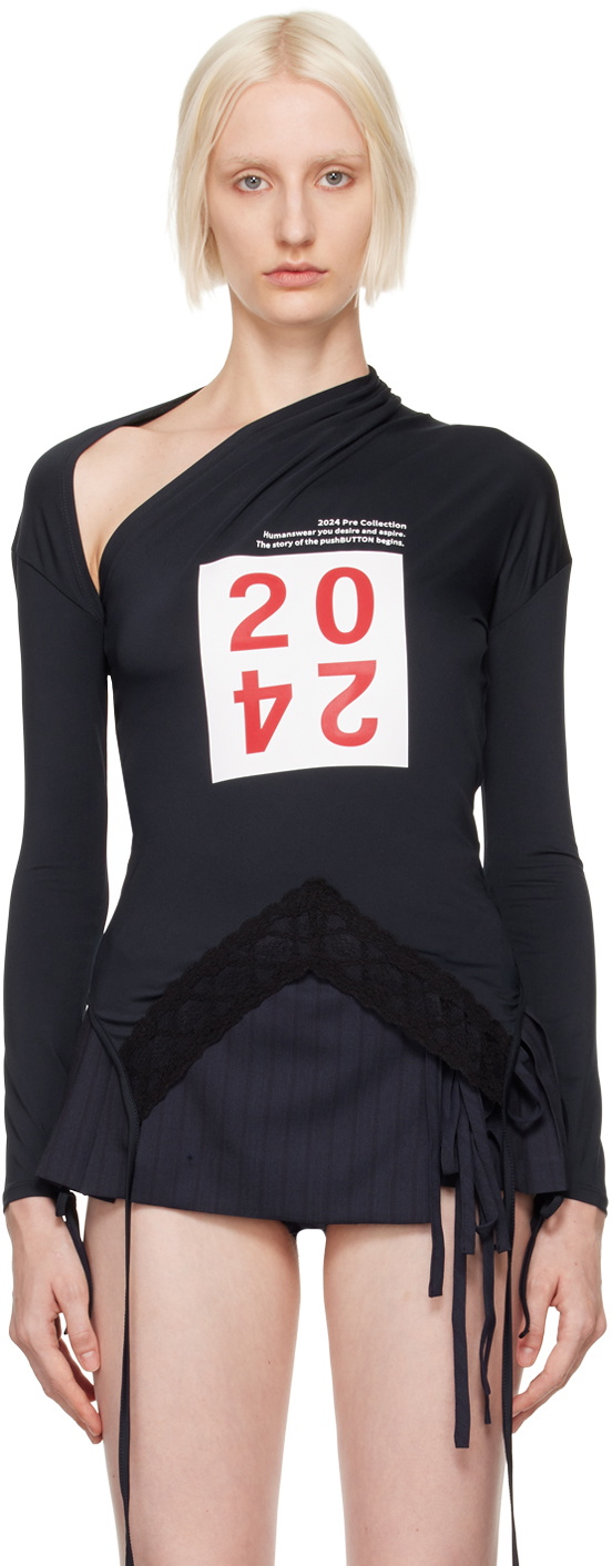 Pushbutton Navy Asymmetry Neck Long Sleeve T-Shirt Pushbutton