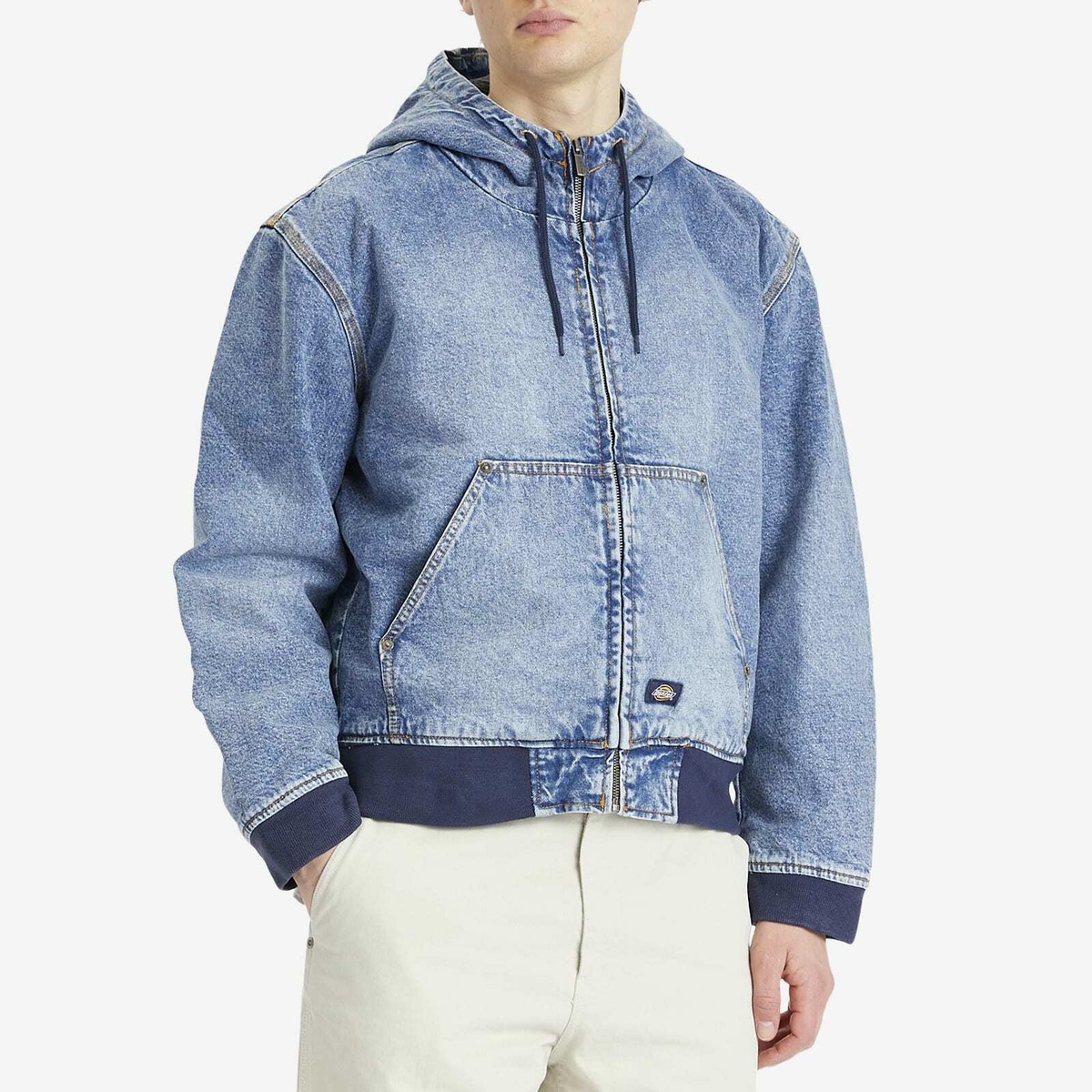Dickies Men's Hooded Denim Jacket in Rinsed Blue W/Fade Dickies Construct