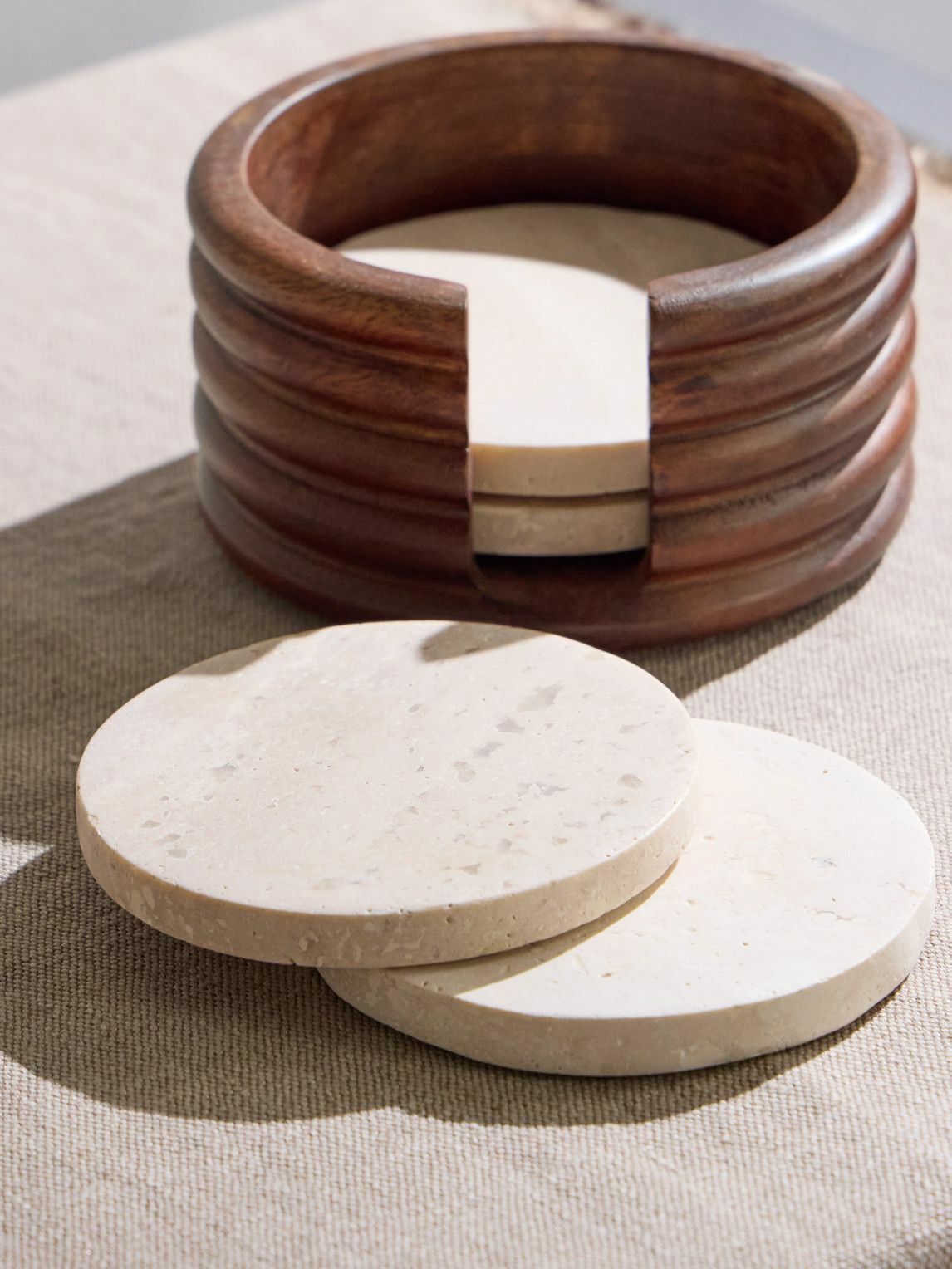 Soho Home - Baylis Set of Four Travertine Coasters with Walnut Holder ...