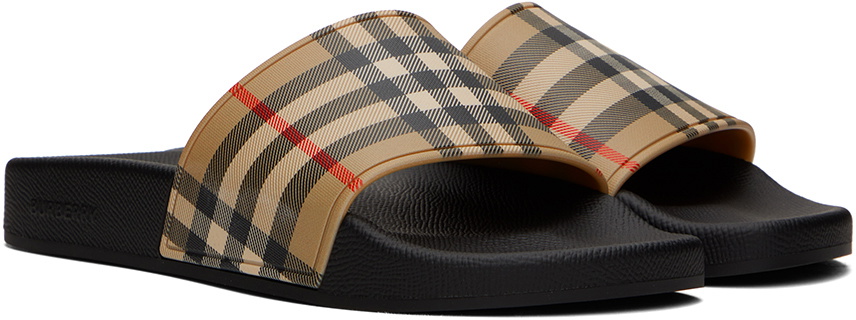 Burberry Beige & Black Check Slides Burberry
