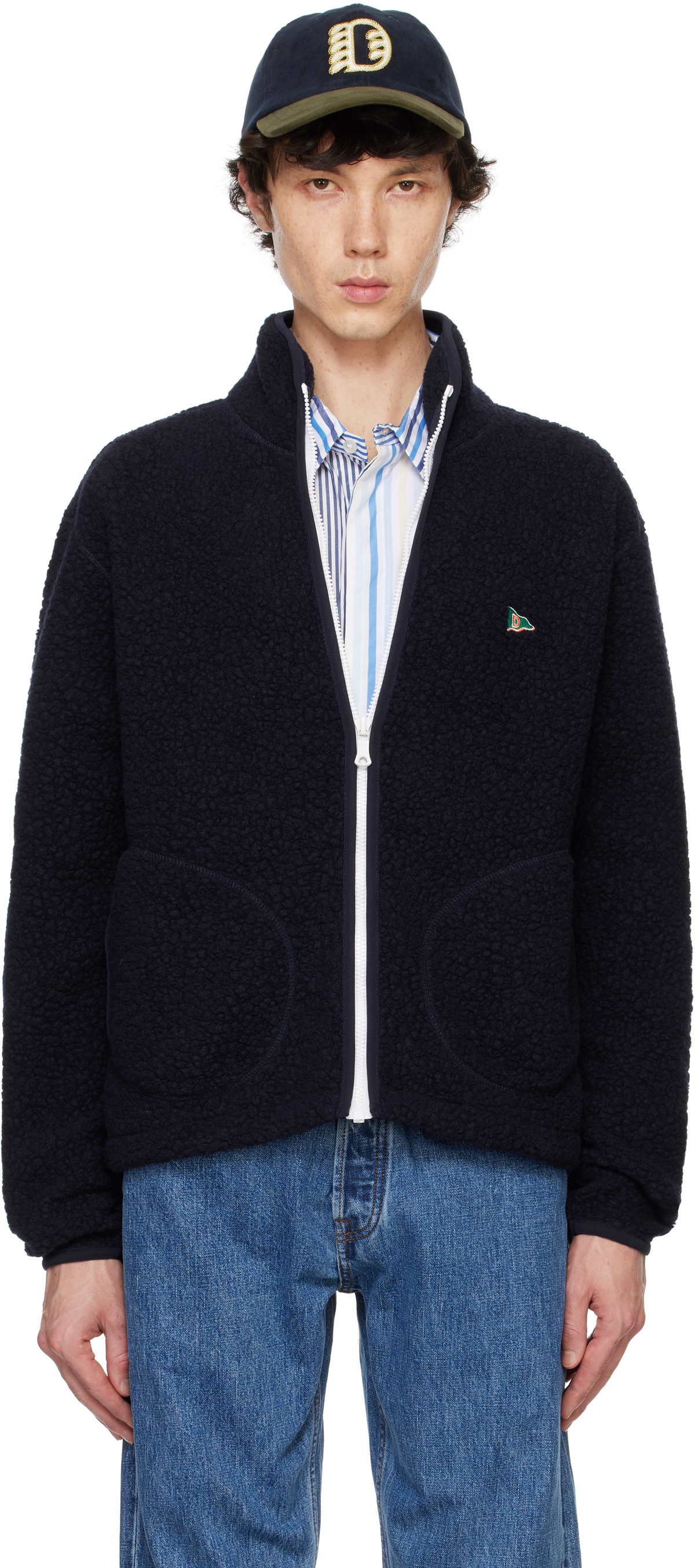 Drake's Navy Boucle Wool Zip Fleece Jacket Drake's