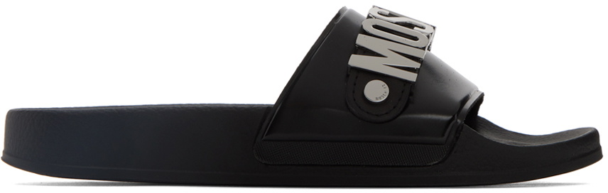 Moschino Black & Silver Lettering Pool Slides Moschino