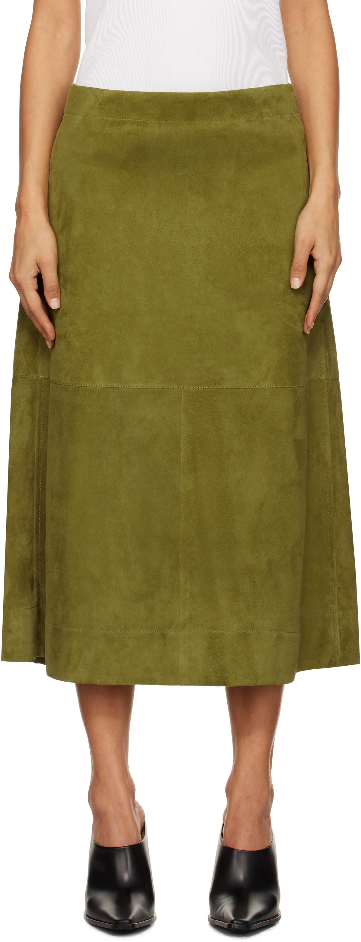 Bottega Veneta Green Full Grain Suede Midi Skirt Bottega Veneta