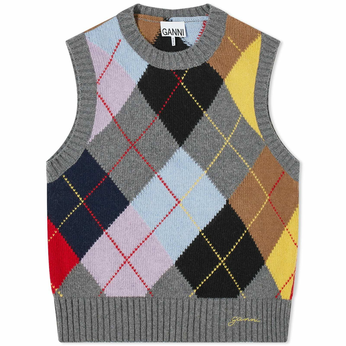 GANNI Women's Harlequin Wool Mix Knit Vest in Frost Gray GANNI