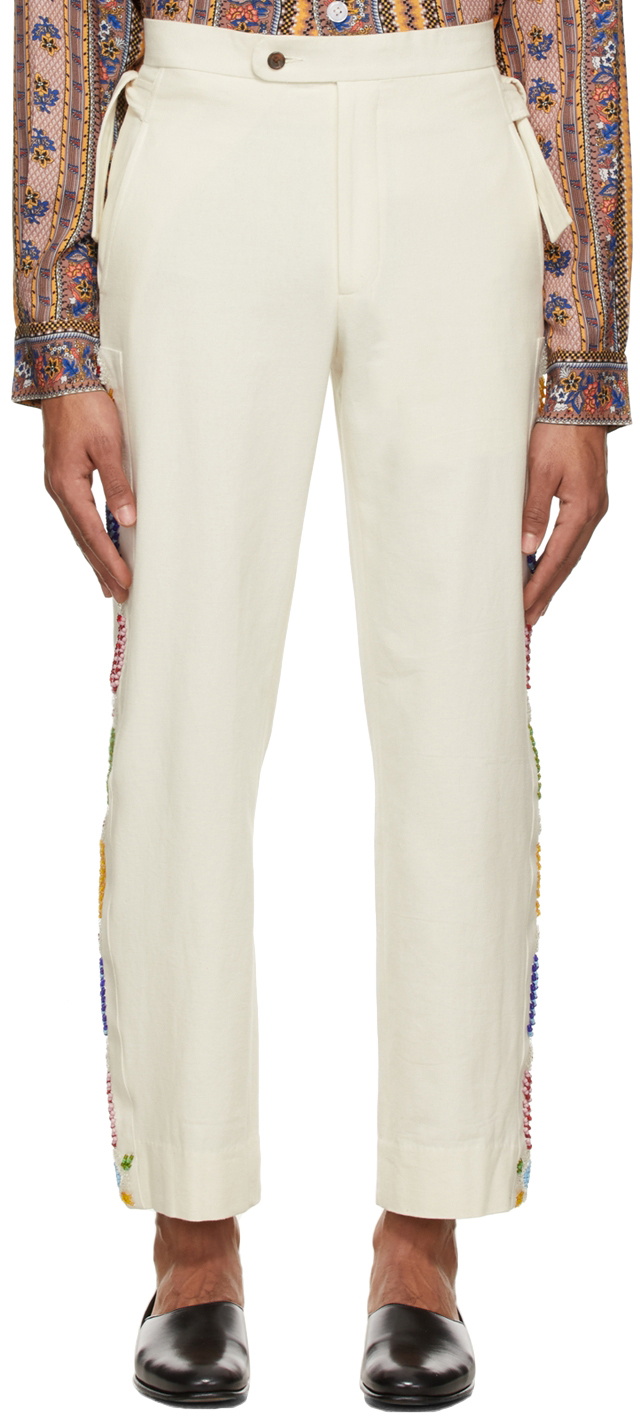 Bode Off-White Beaded Side-Tie Trousers Bode